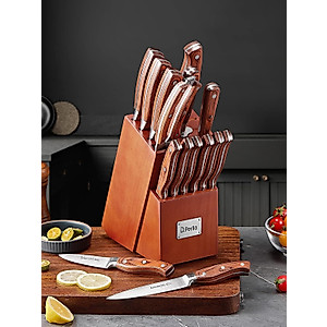 Knife Set with Block, 16 Pcs Stainless Steel Kitchen Knife Set with Sharpener & Wooden Block, Knife Block Set with Wood Handle, Chef, Santoku, Bread, Utility, Paring & Carving Fork Knife, Brown