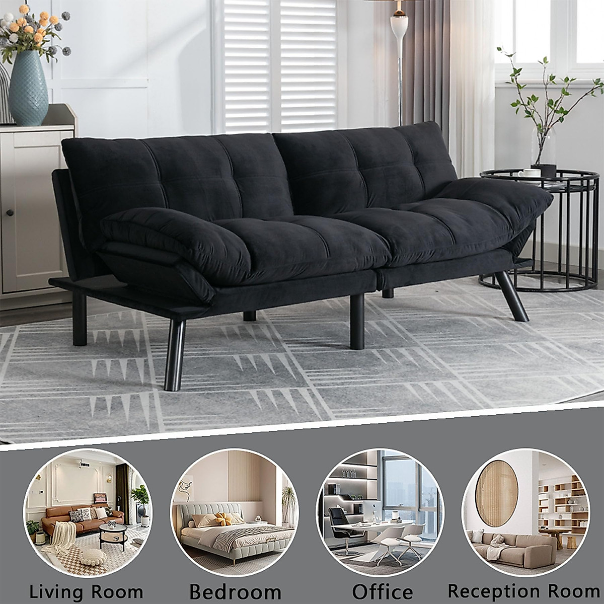71" Velvet Futon Couch Bed with Mattress Included,Convertible Folding Sleeper Sofa Bed with Adjustable Backrests,Modern Loveseat Sleeper for Living Room Bedroom Small Space Home Office (Black-1)