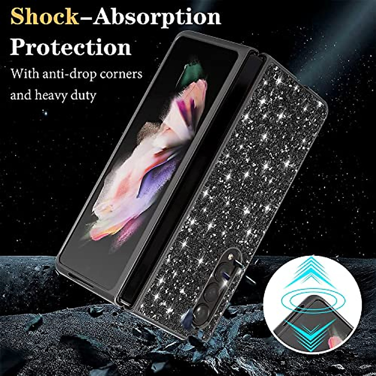 Z Fold 3 Glitter Case for Samsung Galaxy Z Fold3 5G Phone Case for Women Girls, Slim Ultra Thin Matte Back Shockproof Protective Cover for Samsung Z Fold 3 5G, 7.6" Crystal Bling Case (Black)
