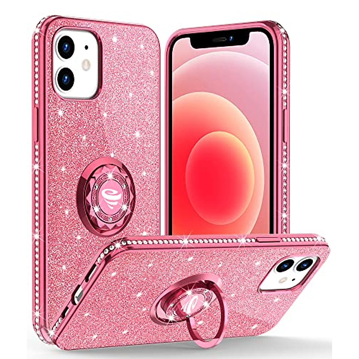 OCYCLONE for iPhone 12 Case, iPhone 12 Pro Case, Luxury Glitter Sparkle Diamond Bumper Cover with Ring Stand Soft Cute Protective iPhone 12/12 Pro Phone Case for Women Girls 6.1 inch - Pink