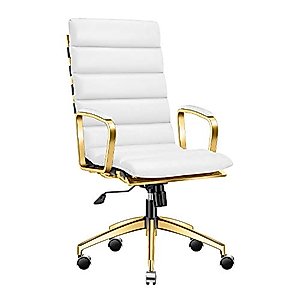 LUXMOD Deluxe Gold Office Chair, High Back Desk Chair for Extra Back and Lumbar Support, White Executive Chair, Ribbed Office Chair with Leather, Ergonomic White and Gold Leather Desk Chair