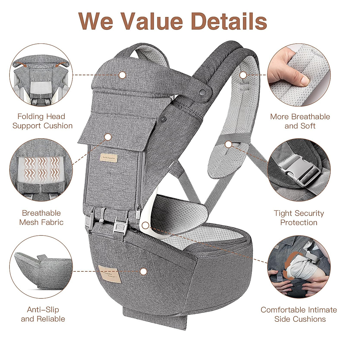 Baby Carrier with Hip Seat, 6-in-1 Baby Carrier Newborn to Toddler, Head Support and Breathable Mesh, Adjustable Removable Soft Ergonomic Baby Sling Carrier (7-41 lbs) for Everyday Family Events, Grey