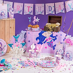 202 Pcs Mermaid Birthday Decorations Serves 16 Guests - Mermaid Party Decorations - Plates, Napkins, Utensils, Goodie Bags, Cupcake Toppers Wrapper and Headband