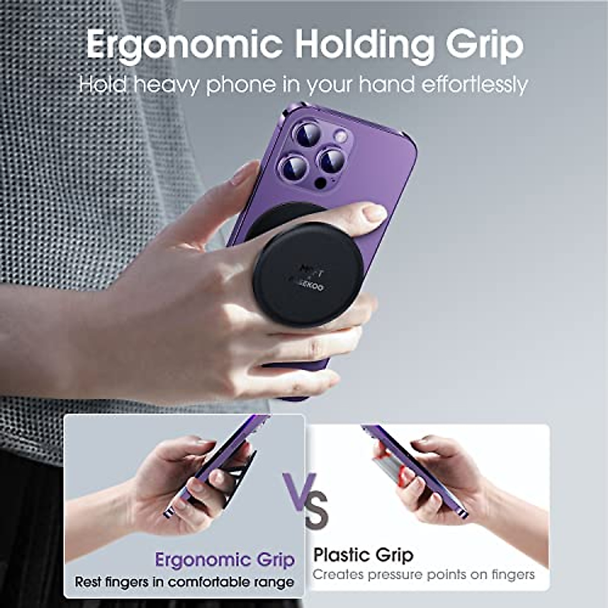 CASEKOO Vegan Leather MagSafe Grip Stand [All in 1] Ergonomic Design for iPhone 14, 13, 12 Pro/Max/Plus - Black