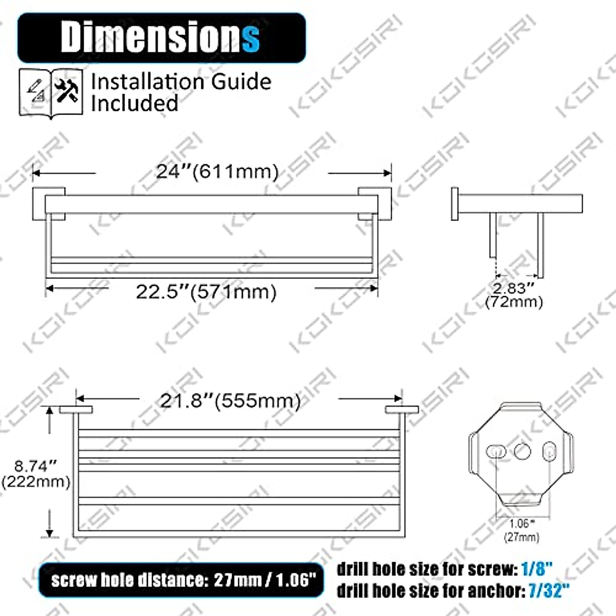 KOKOSIRI 24'' Bathroom Towel Shelf Chrome Towel Rack with Two Bath Towel Bars SUS304 Stainless Steel Wall Mounted, Polished Finish, B6003CH