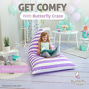 Butterfly Craze Bean Bag Chair Cover, Functional Toddler Toy Organizer, Fill with Stuffed Animals to Create a Jumbo, Comfy Floor Lounger for Boys or Girls, Stuffing Not Included, Purple Stripes