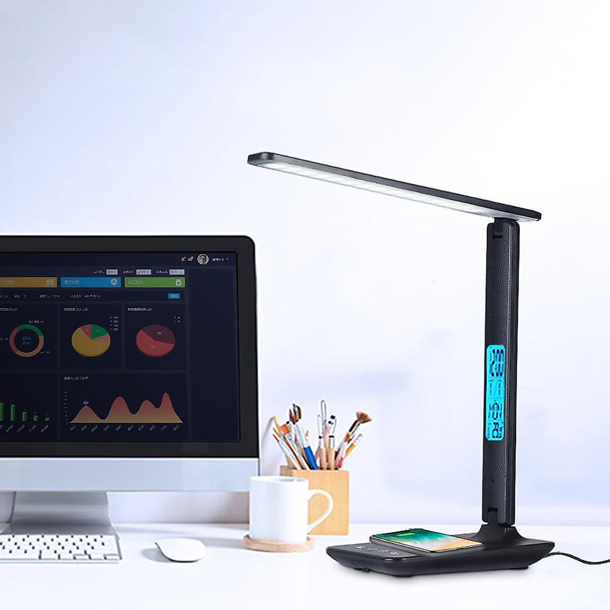 wanjiaone Multifunctional LED Desk Lamp with Wireless Charger,USB Charging Port,Clock,Phone Holder,Desk Lamps for Home Office,Eye-Caring Reading Lamp,Study Lamp for Boys,Girls,Teens,Black