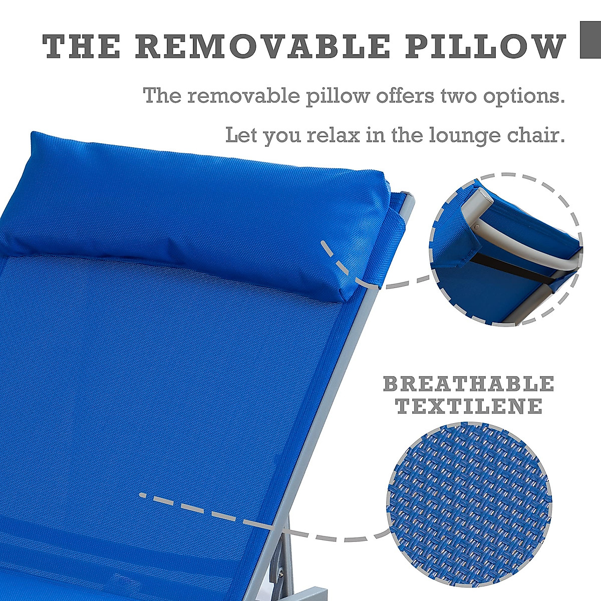 Kozyard Wilson 3 Pieces Textilene Chaise Lounge Set with Side Table Outdoor,Adjustable Back & Pillow for Yard,Garden,Sunbathing (2 Pack) (Blue W/Table)