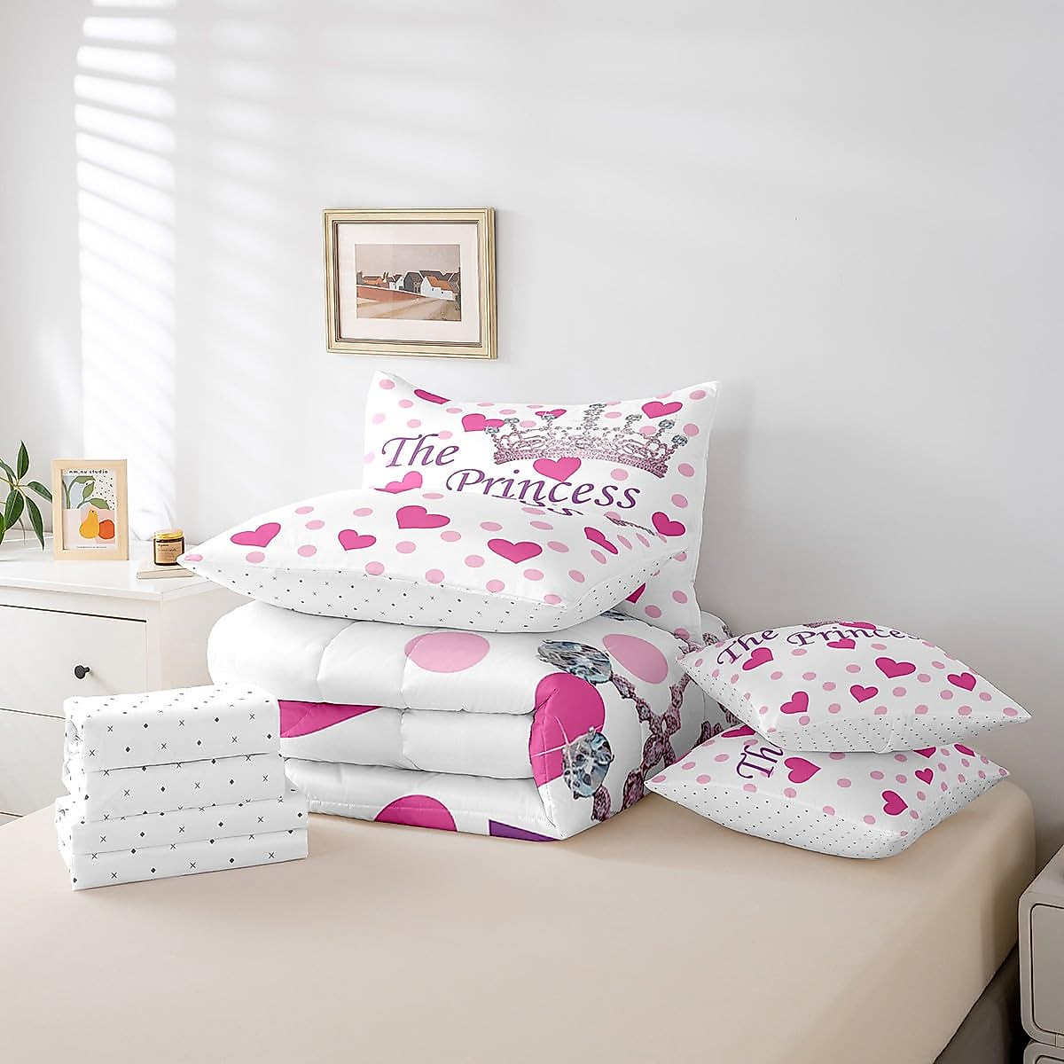 7 Pieces The Crown Comforter Set Twin, Fashion Princess Crown Bedding for Kids Girls, Rose Pink Hearts Dots Print Bed Set(1 Comforter,1 Fitted Sheet,1 Flat Sheet,2 Pillowcases,2 Throw Pillow Cover)