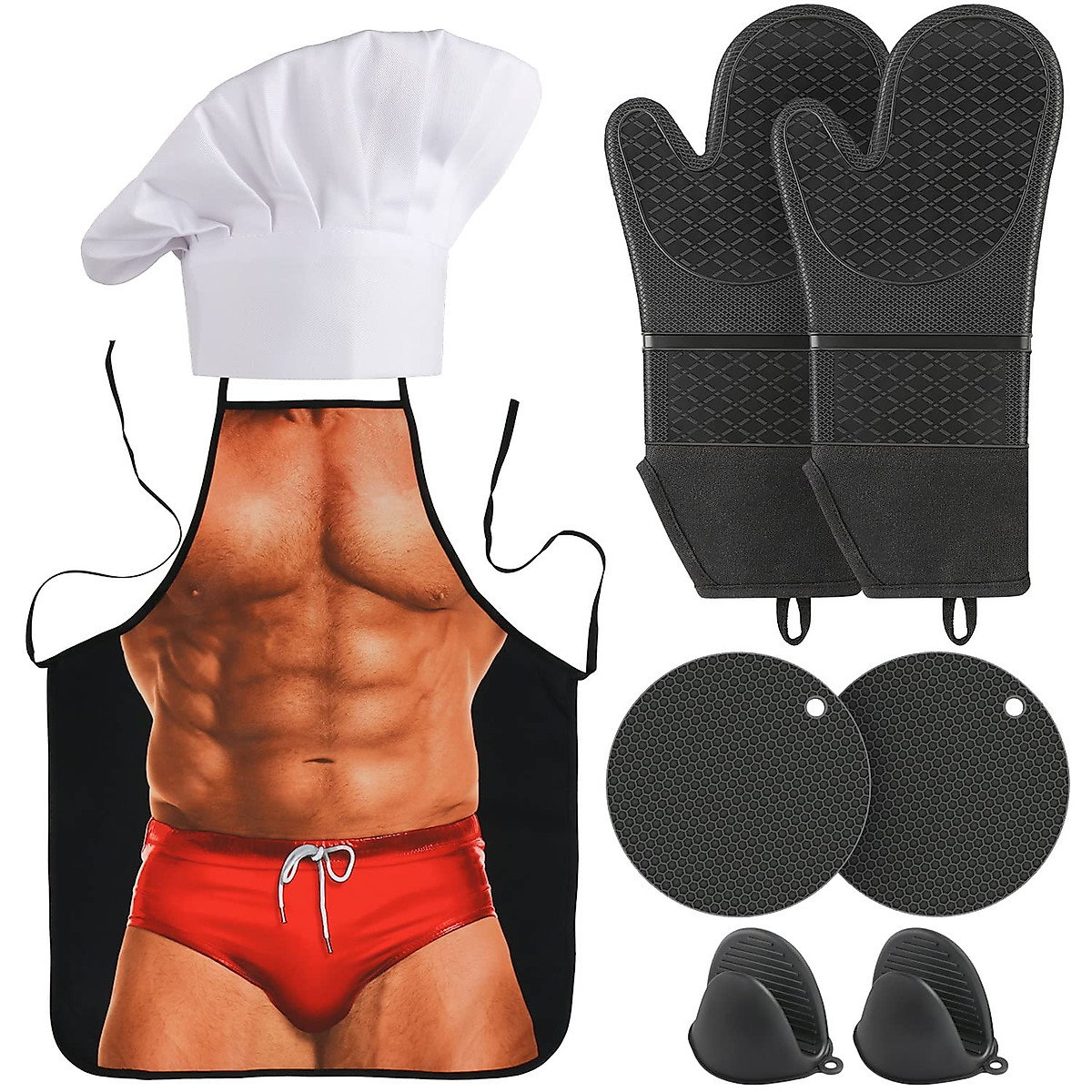 Landisun Apron Oven Mitts Non Slip Gloves Kitchen Chef Cooking Gag Gift Baking