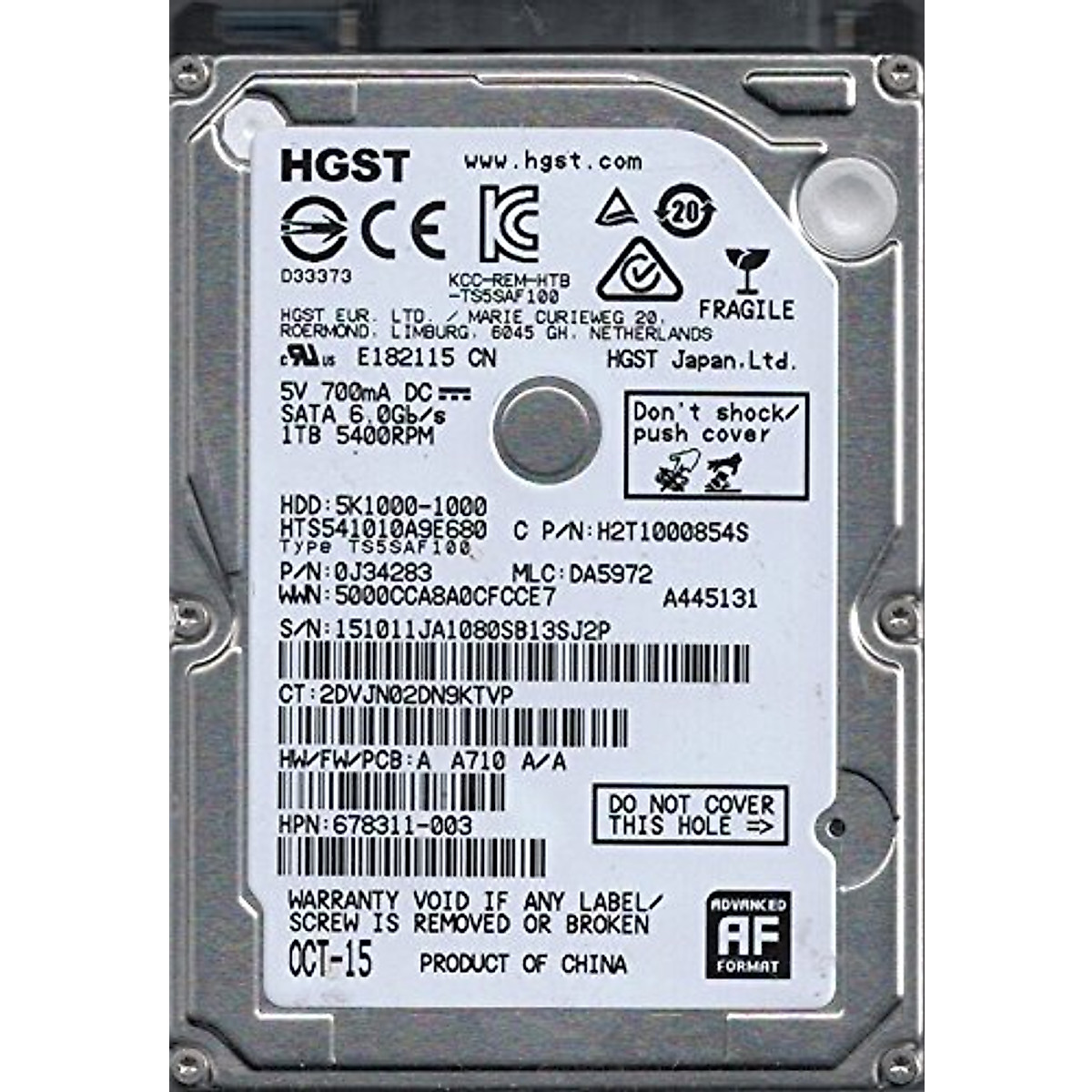 HGST HTS541010A9E680 P/N: 0J34283 MLC: DA5972 1TB China