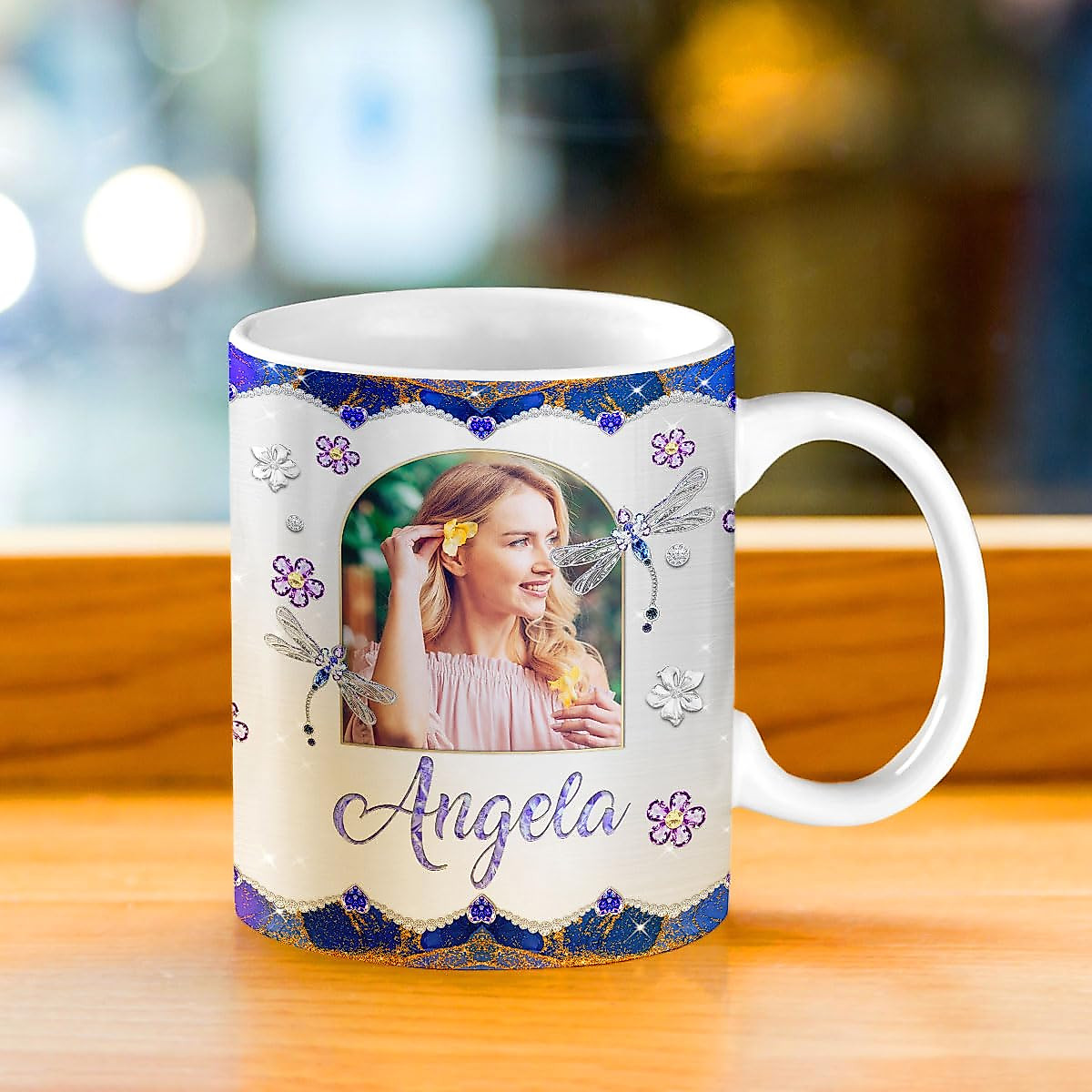 White Ceramic Coffee Mug Photo Mugs Personalized Picture Dragonfly Custom Name Birthday Gifts For Women Friends Mom Novelty Cup Table Desk Accessories Jewelry Style 11 and 15 Oz