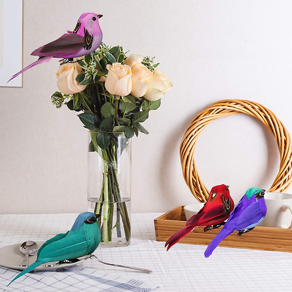 12Pcs Artificial Feathered Birds Christmas Decorations, Colorful Simulation Foam Birds Clip-on Christmas Tree Ornament, Artificial Bird Ornaments for DIY Crafts Home Garden Wedding Easter Decor Y