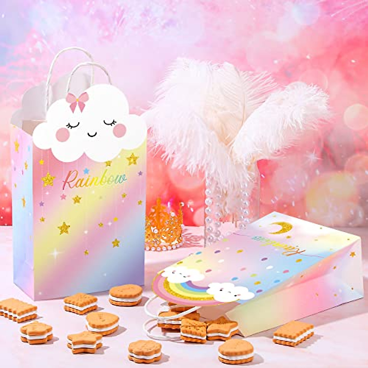 16 Pieces Rainbow Party Favor Bags Rainbow Present Bags with Handles Cloud Birthday Goodie Candy Bags Pastel Party Treat Gift Bags for Kids Girls Cloud Rainbow Party Decor Baby Shower Party Supplies