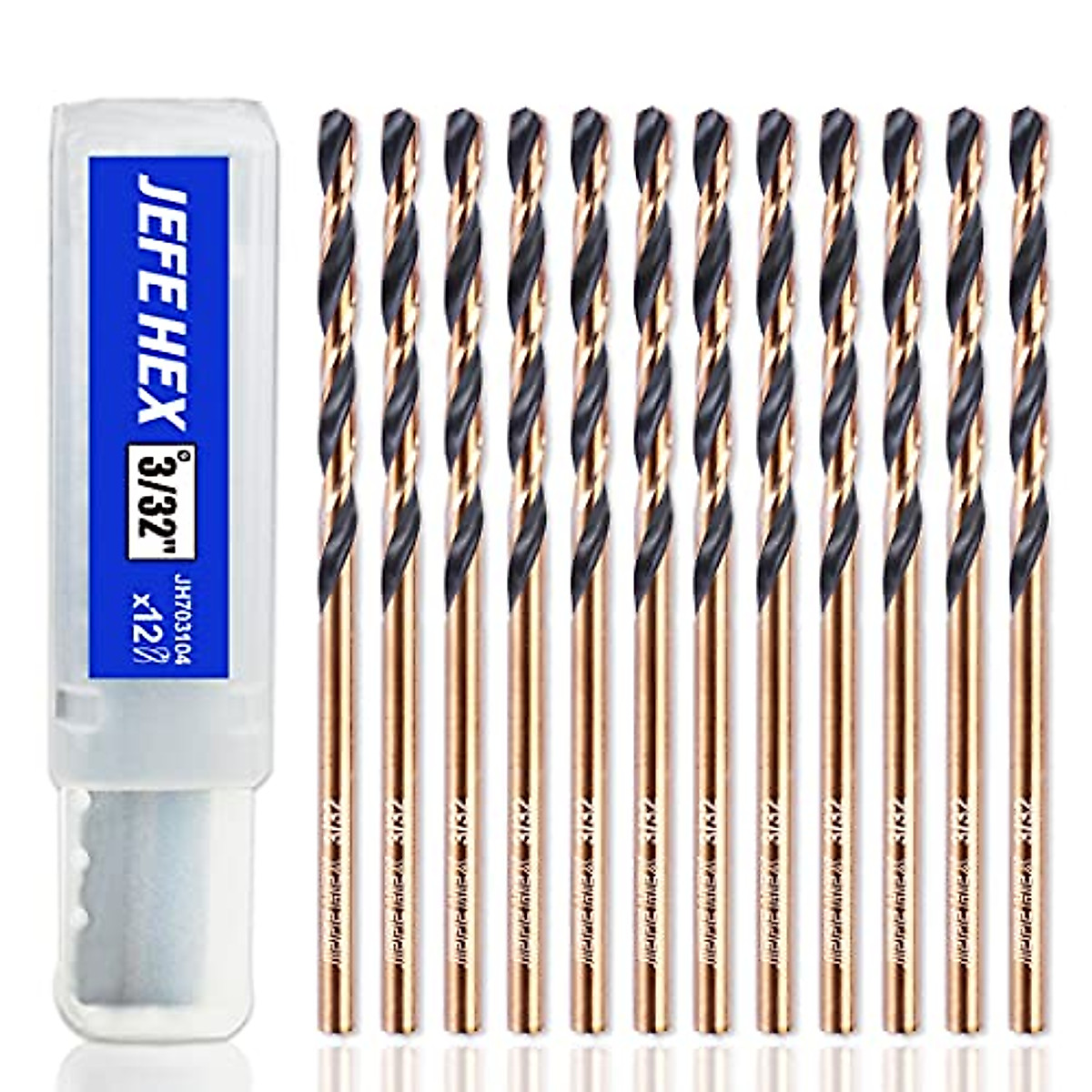 JEFE HEX 3/32 Inch HSS Jobber Length Twist Drill Bits, 135 Degree Split Point, Ideal for drilling on Steel, Copper, Wood, Plastics, Aluminum, Zinc Alloy. Drill bits for Industry, MRO and DIY Use. (Pack of 12)