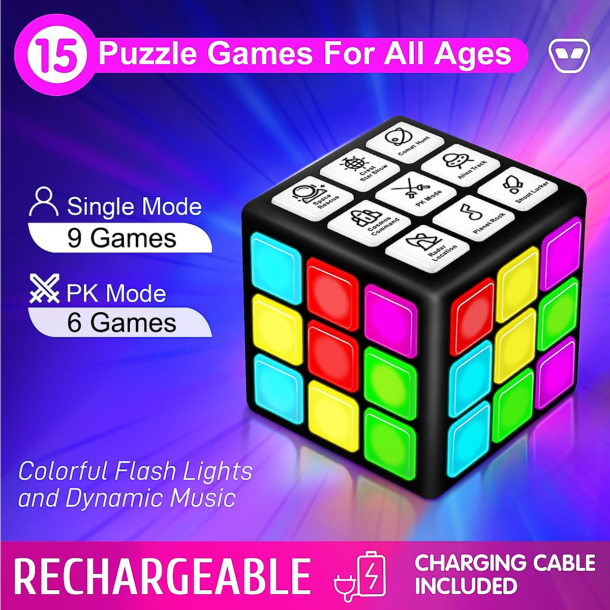 Rechargeable Game Handheld Cube, 15 Fun Brain & Memory Game with Score Screen, Cool Toys for Kids, Christmas Birthday Gifts for Boys Girls Aged 6-12+ Years Old, Toy Gift Idea for Kids（Black）