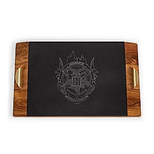 PICNIC TIME Harry Potter Hogwarts Covina Acacia and Slate Serving Tray, Charcuterie Board Set, Cheese Board, (Acacia Wood & Slate Black with Gold Accents)