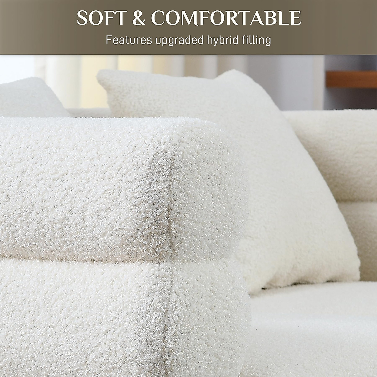 OUYESSIR Cloud Sofa Couch for Living Room, 79" Comfy Deep Seat Boucle Sherpa Sofa with 3 Pillows and Gold Legs, Modern Upholstered 3 Seater Large Loveseat for Bedroom Office, Beige White Teddy