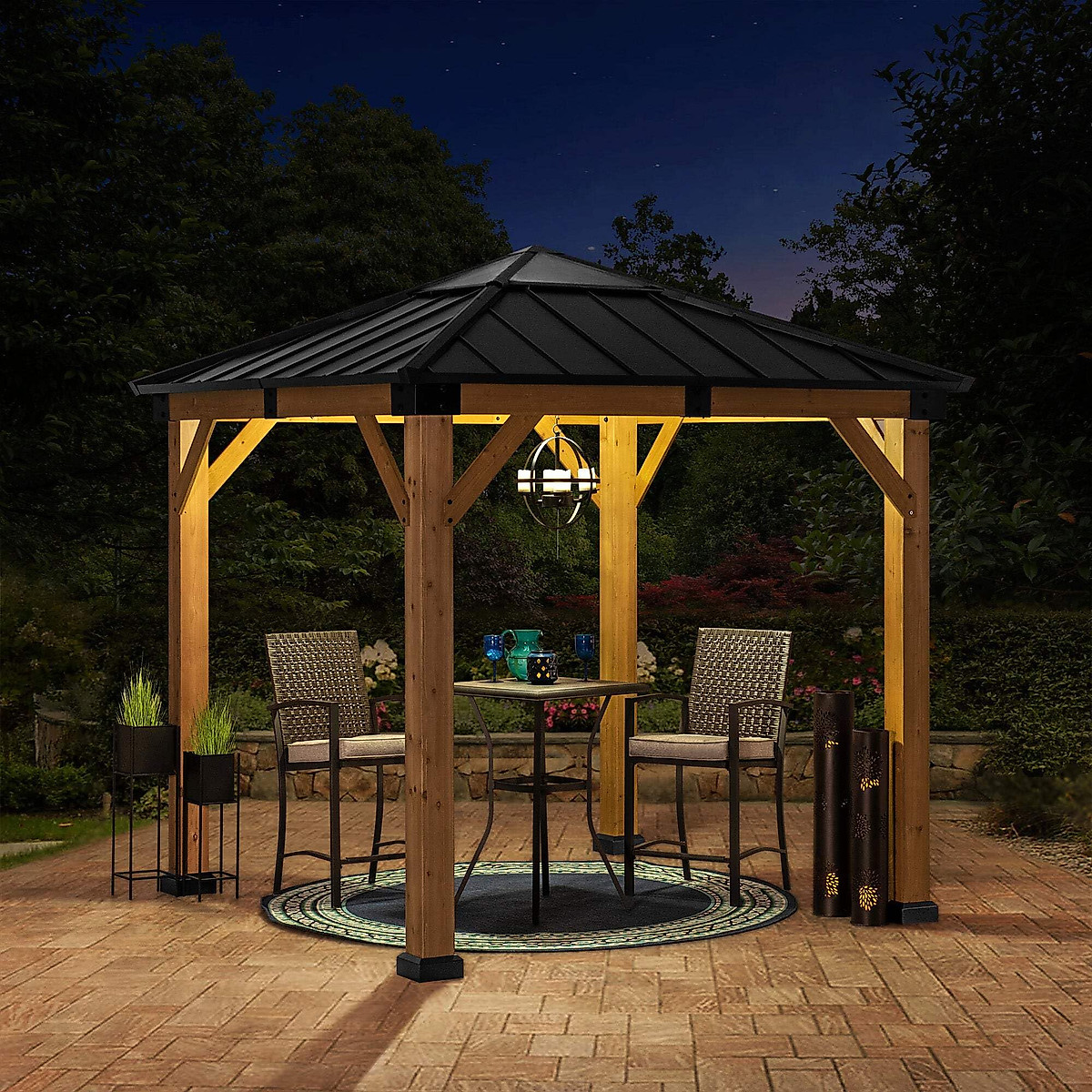 Sunjoy Hardtop Gazebo 9 x 9 ft. Upgrade Cedar Framed Wood Gazebo with Brown Steel & Polycarbonate Hip Roof Hardtop for Garden, Backyard Shade, Brown Roof + Natural Wood Frame