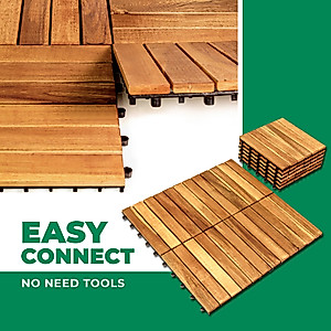 Deck Tile (Pack of 10, 12"x12") Hardwood Deck Tile, Interlocking Patio Tile in Solid Acacia Wooden Oiled Finish Waterproof All Weather Perfect for Indoor Outdoor 6 Slat (Acacia Wood- 10 Pcs, 6 Slat)