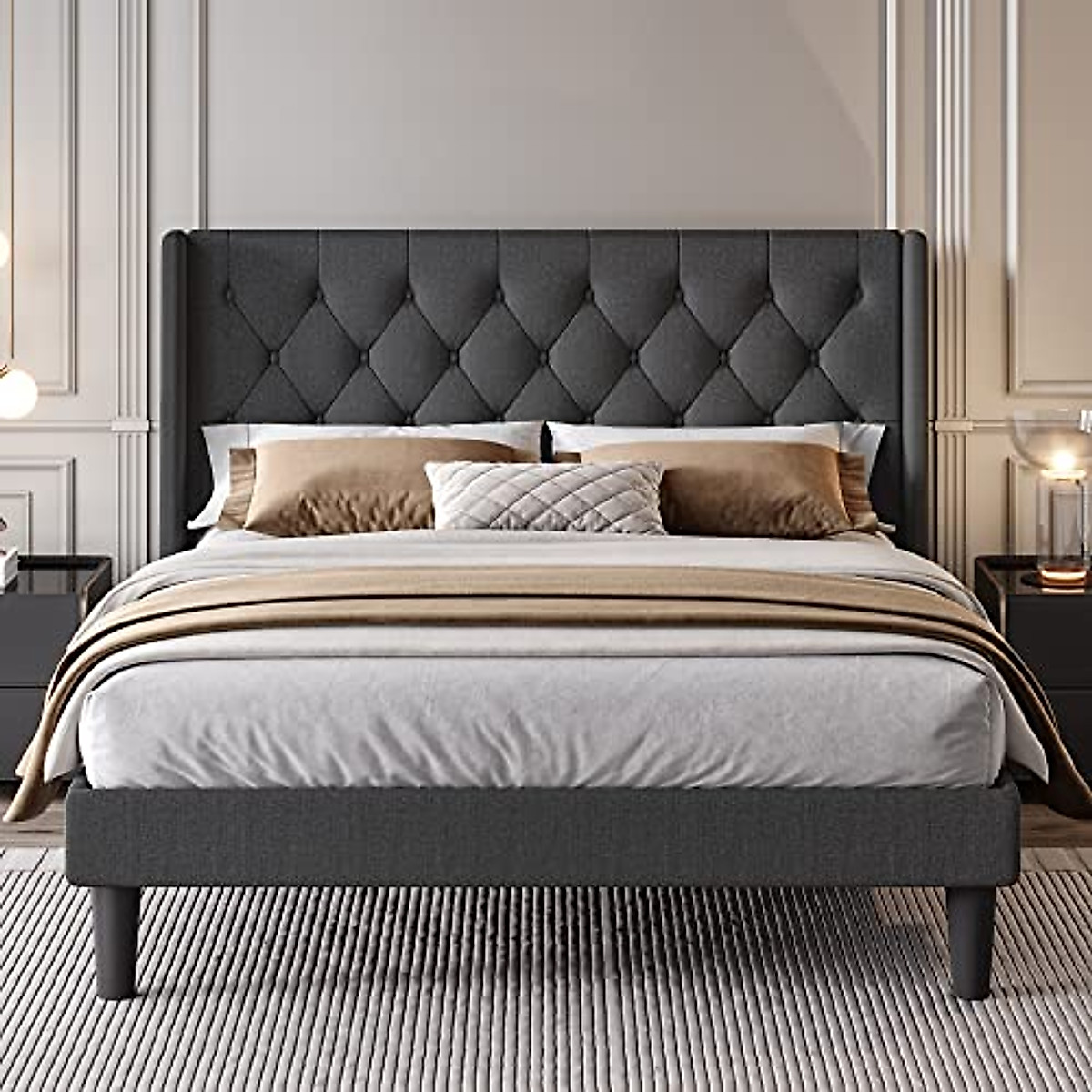 SHA CERLIN Queen Size Platform Bed Frame with Upholstered Headboard and Wingback, Button Tufted Design, Easy Assembly, Dark Grey