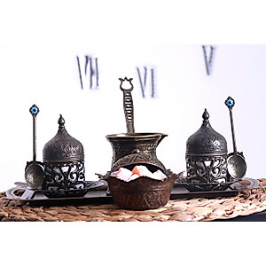 HeraCraft Antique Bronzed Color Turkish Coffee Serving Full Set - with Turkish Coffee Multi Serving Tray 6 oz Coffee Pot 2pcs Cups Lids Tray Sugar Bowl Spoons - Best Gift Set