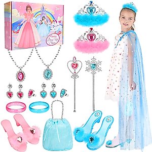 Hapgo Princess Dress Up Shoes and Pretend Jewelry Toys Set, 2 Pairs of Princess Shoes with Cape Tiara Crowns Earrings Necklaces Bracelets Rings Wands Bag Role Play Shoes for Girls Aged 3-6 Years Old