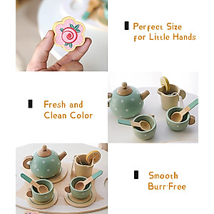 Wooden Tea Party Set for Little Girls Toys, Pretend Play Kids Tea Set for Toddlers Wood Toys, Wooden Play Food Kitchen Accessories Sets for Kid