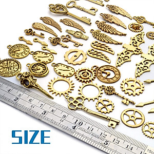 52pcs Antique Gold Steampunk Charms Watch Gear Cog Wheel Skeleton Key Charms Pendants for DIY Jewelry Making Crafting