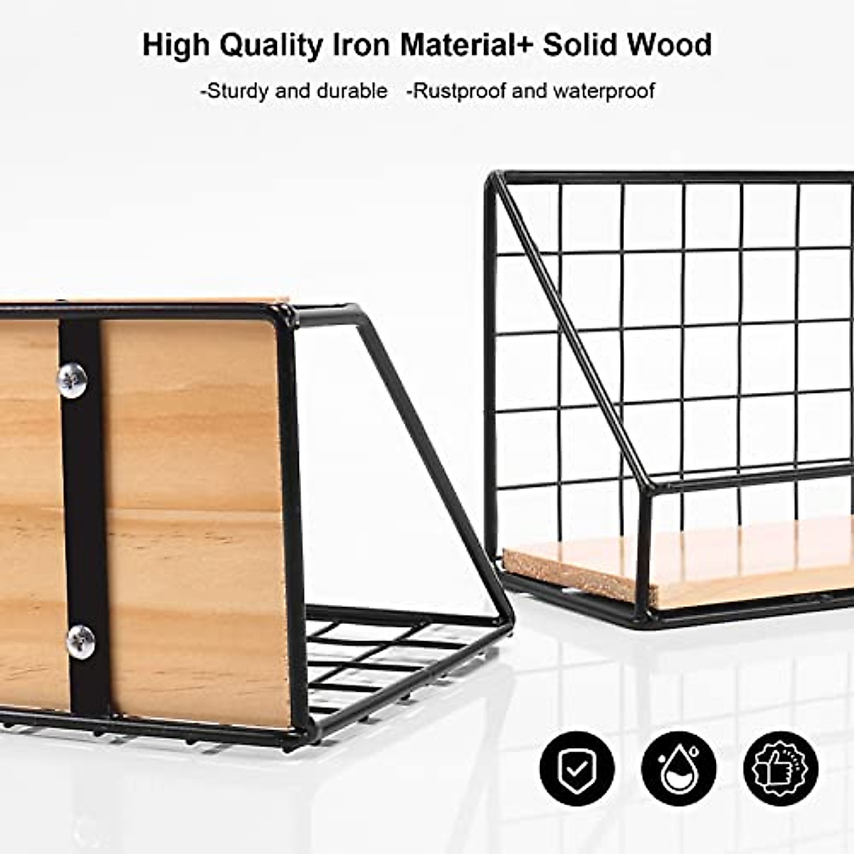 Livabber Floating Shelves Wall Mounted,Home Office Decor- 2 Rustic Arrow Design Wood Storage Metal Shelves Wall Mounted+Adhesive Shower Caddy Basket Shelf for Bathroom/Kitchen, 2 Pack (Small&Small)