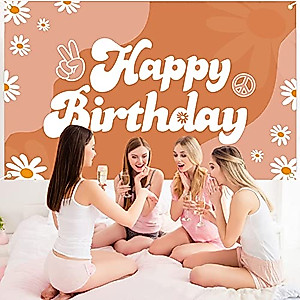 DARUNAXY Happy Birthday Banner for Women, Boho Hippie Theme Birthday Backdrop for Baby Shower, Happy Birthday Decorations for Girls, Boho Daisy Flower Groovy Birthday Party Supplies