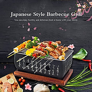Buachois Round Carbon Barbecue,Charcoal Table Grill,Japanese Style BBQ Grill,Japanese Non-electric Griddles, Mini Square Grill with Wooden Base for Picnic Garden Camping 19x19x18 cm / 7.5x7.5x7.1 in