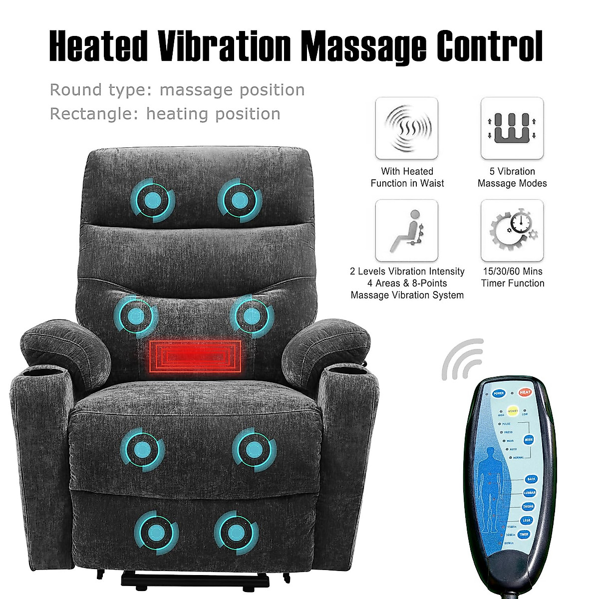 LAVHOME Electric Power Lift Recliner Chair Sofa with Massage and Heat,3 Positions,2 Side Pockets and Cup Holders,USB Ports,High-end Quality Fabric for Home Living Room Bedroom,Gray, Grey