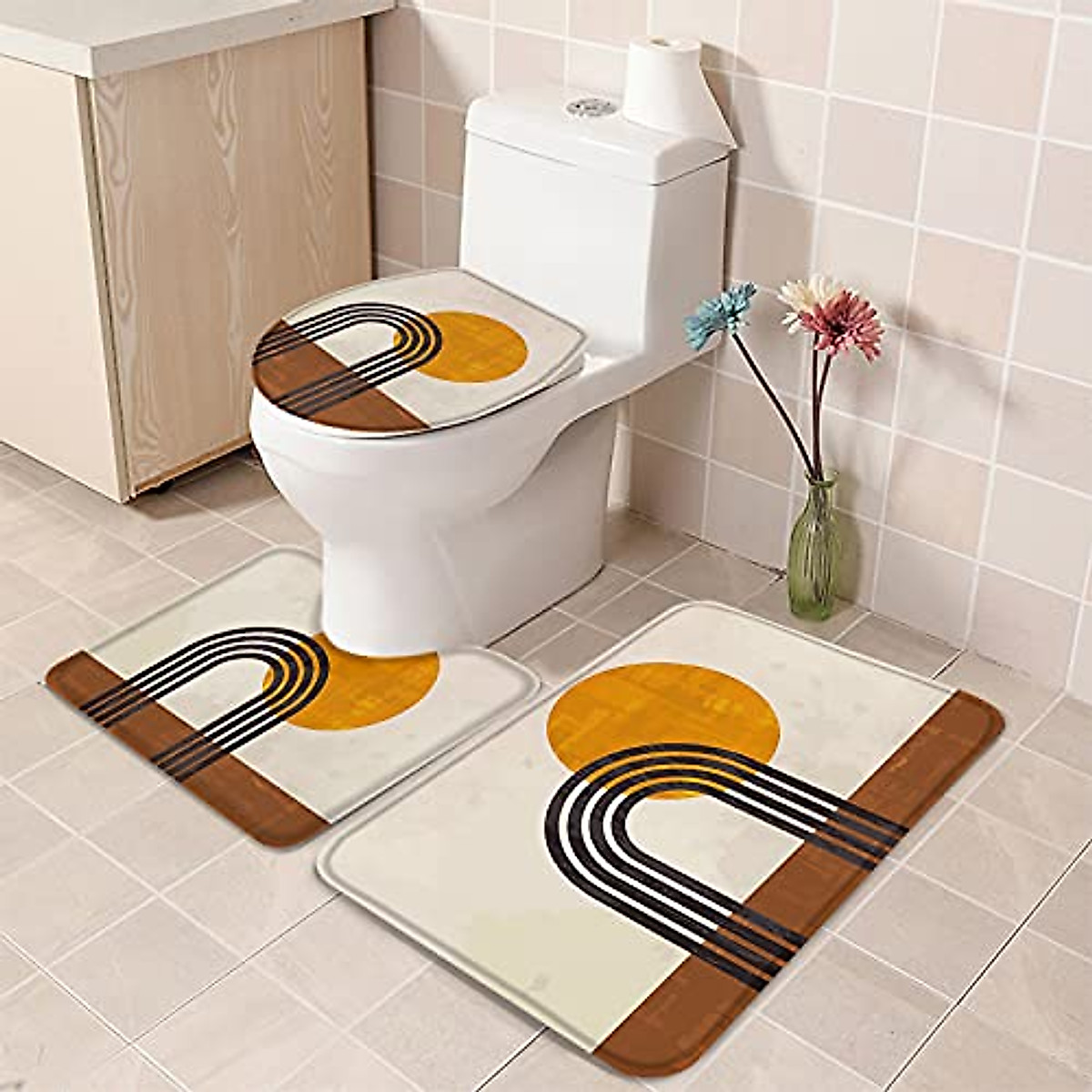 3 Piece Bath Rugs Sets Mid Century Abstract Modern Bathroom Mats Set Non Slip Water Absorbent U-Shaped Contour Toilet Mat Boho Minimalist Art Orange Sun Toilet Lid Cover