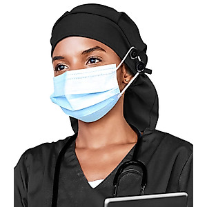 Silk Lined Work Cap with Button for Long Ponytail Hair Women Black