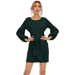 R.Vivimos Women's Autumn Winter Cotton Long Sleeves Elegant Knitted Bodycon Tie Waist Sweater Pencil Dress (Large, Dark Green)