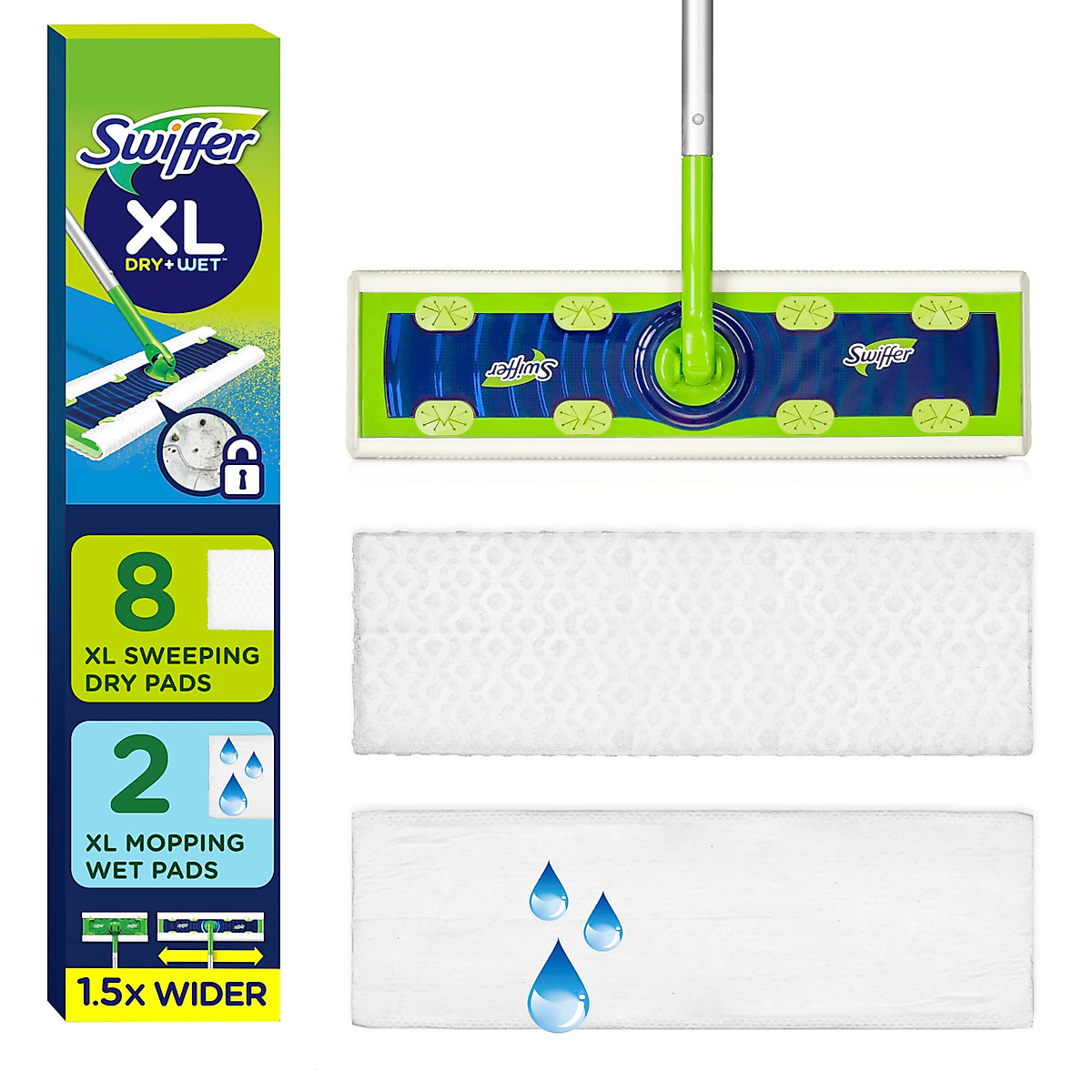 Swiffer Sweeper Dry + Wet XL Sweeping Kit, 1 Sweeper, 8 Dry Cloths, 2 Wet Cloths