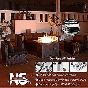 NICESOUL Large Size 5Pcs Patio Sectional Furniture Set with Firepits Outdoor High Back Conversation Sets with Gas/Propane Fire Pit Table Luxury Modular Sofa Set for Balcony Yard Garden