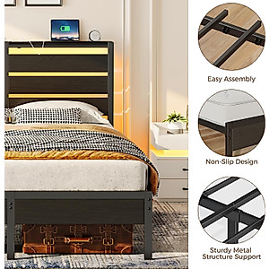 Rolanstar Bed Frame Twin Size with USB Charging Station, LED Bed Frame with Wood Storage Headboard, Black Metal Platform Bed with Under Bed Storage, No Box Spring Needed, Noise Free
