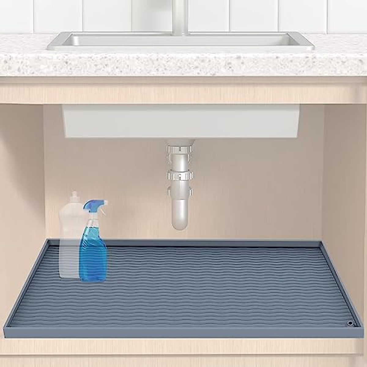 LronFensy Under Sink Mats for Kitchen Waterproof, 31'' x 22'' Silicone Under Sink Liner Drip Tray with Drain Hole, Under Sink Mat for Kitchen, Bathroom, Sink Cabinet Protector Mats - Grey