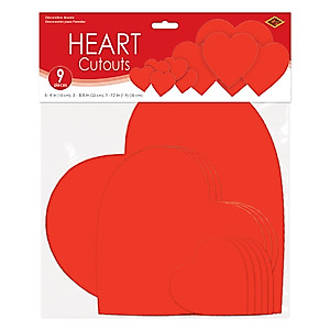 Beistle Printed Cardstock Paper Heart Cut Outs 9 Piece Valentine's Day Decorations, 4" - 12", Red