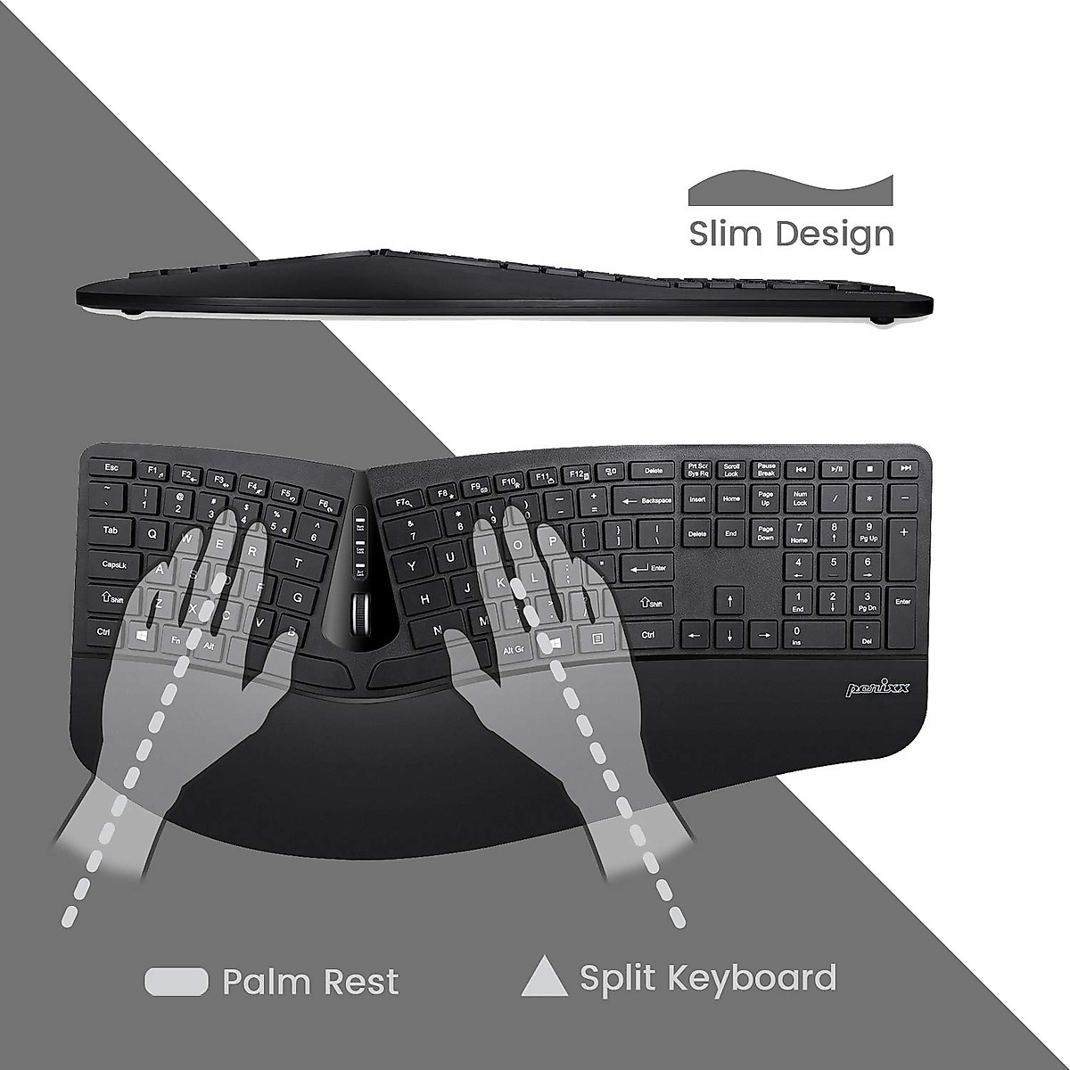 Perixx Periduo-605, Wireless Ergonomic Split Keyboard and Vertical Mouse Combo, Adjustable Palm Rest and Membrane Low Profile Keys, Black, US English Layout (11633)
