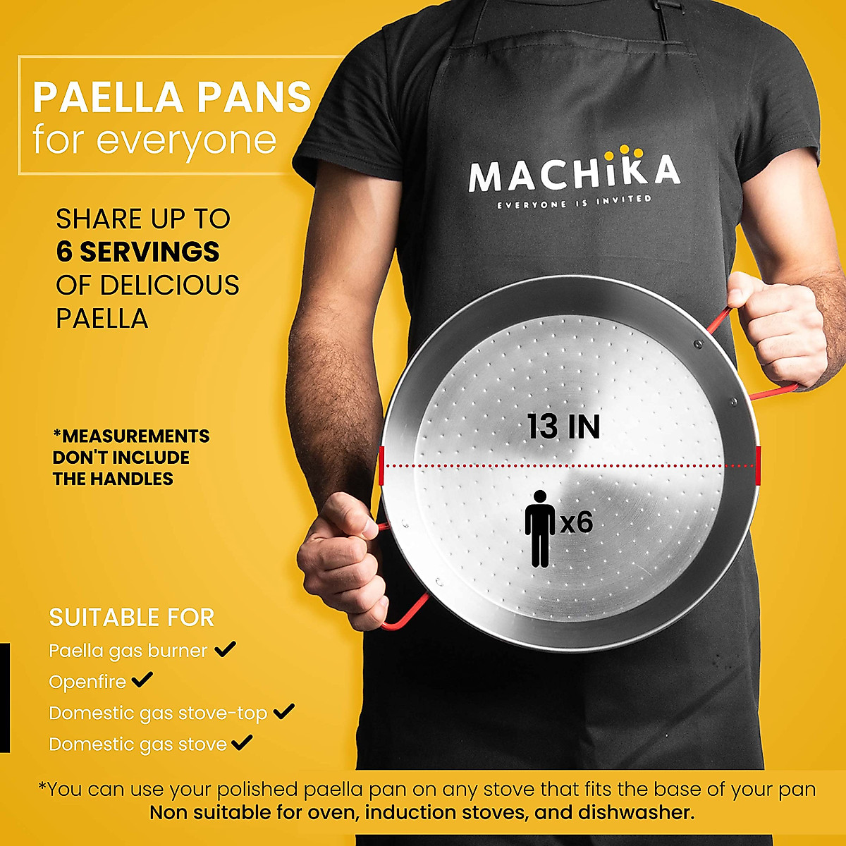 Machika Skillet Pan | Carbon Steel Paella Pan | Carbon Steel Pans for Cooking | Thin Carbon Steel Pan for Paella | Perfect for Outdoors, Camping, Parties, and More | 6 Servings | 13 In |