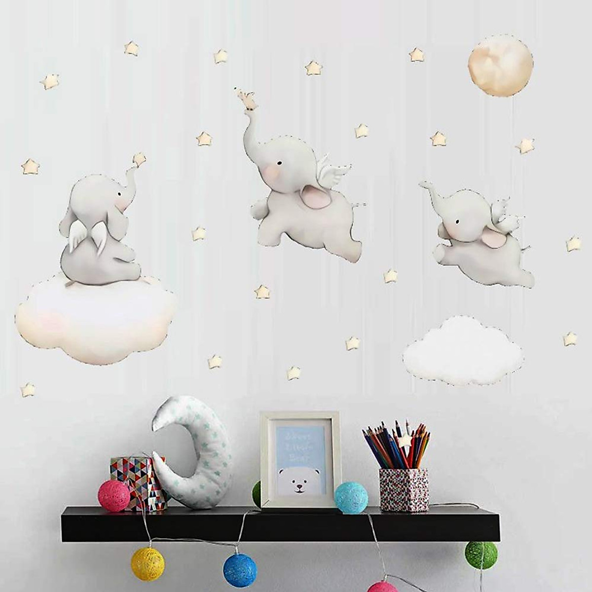 MASCARE Flying Elephant Wall Decal Animal with Cloud Moon Star Wall Sticker Dumbo Wall Art Decor for Kids Bedroom Baby Nursery Removable Home Background Decoration