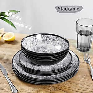 Melamine Dinnerware Set of 12 Pcs-Melamine Plates and Bowls Set for Indoor and Outdoor Use, BPA Free Dishwasher Safe, Lightweight Unbreakable（Glazed Grey）