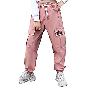 SANGTREE Girls Cargo Pants, Elastic Waist Drawstring Loose Tapered Multi Pockets Cargo Jogger Pants for Girl, Pink,7-8 Years Big Kid = Tag 140
