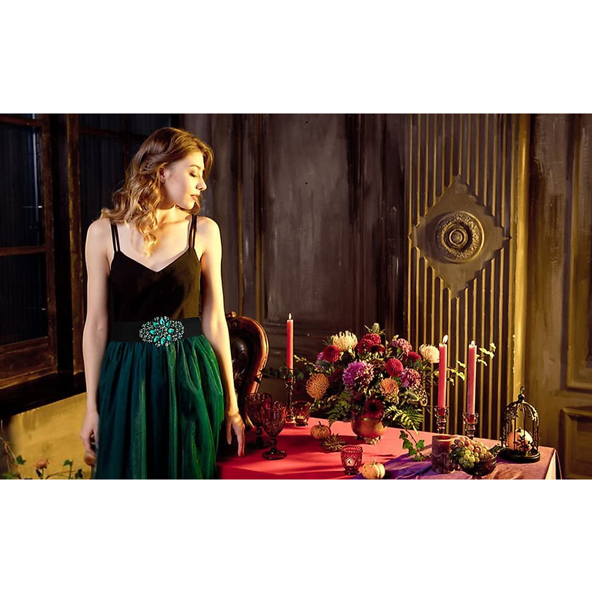 E-Clover Fashion Floral Rhinestone Buckle Women's Elastic Waist Cinch Belt for Dress for Waist Size 25''-32''(Green1)