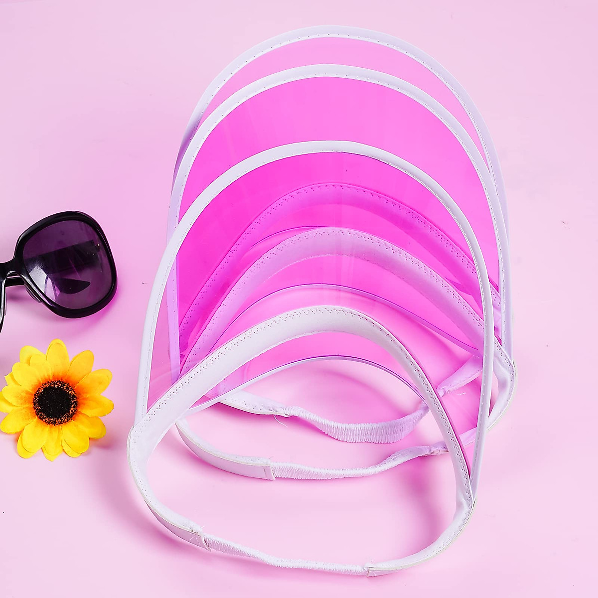 Jmkcoz 6 Pack Sun Visor Hats UV Protection Caps Plastic Clear Sunhat for Women Men Sports Beach Tennis Outdoor Activity Pink