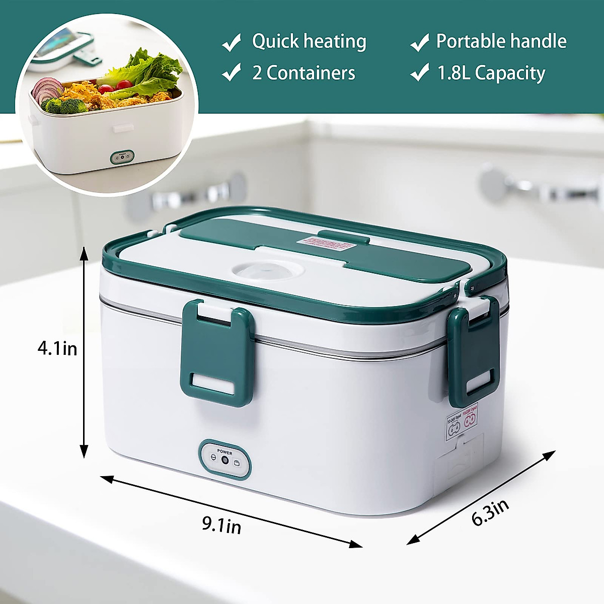SESOCSEO Heating Lunch Box for Work, 1.8L(7.6 Cup) Car Food Warmer, 12V/24V/110V 3-In-1 Heated Lunch Box with Carry Bag Fork Spoon for Truck/Office/Home(Blue) (AB-Green) (DFH-6842)