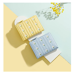 MEISEE Small Wallet for Girls Women Tri-folded Wallet Cash Pocket Card Holder Coin Purse with ID Window elegant youthful and cute- -flowers-blue